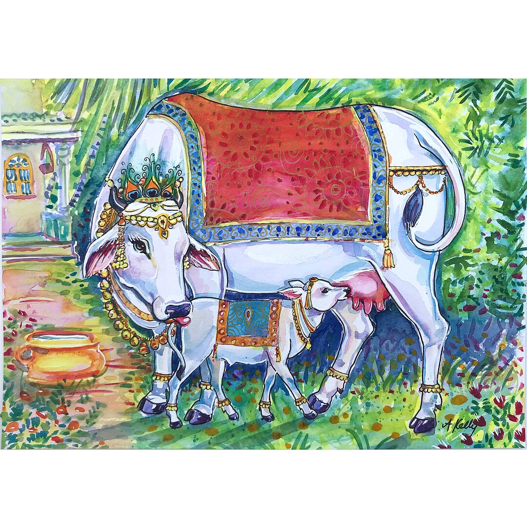 Divine Cow With Calf Original Watercolour Painting - Etsy UK