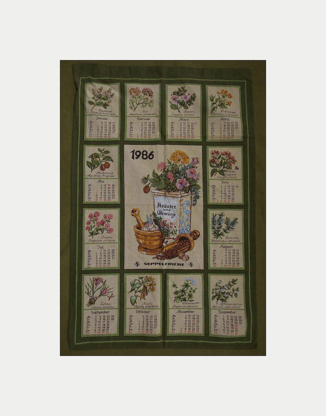 1986 Textile Cloth Wall Calendar Herbs Spices German Vintage ...