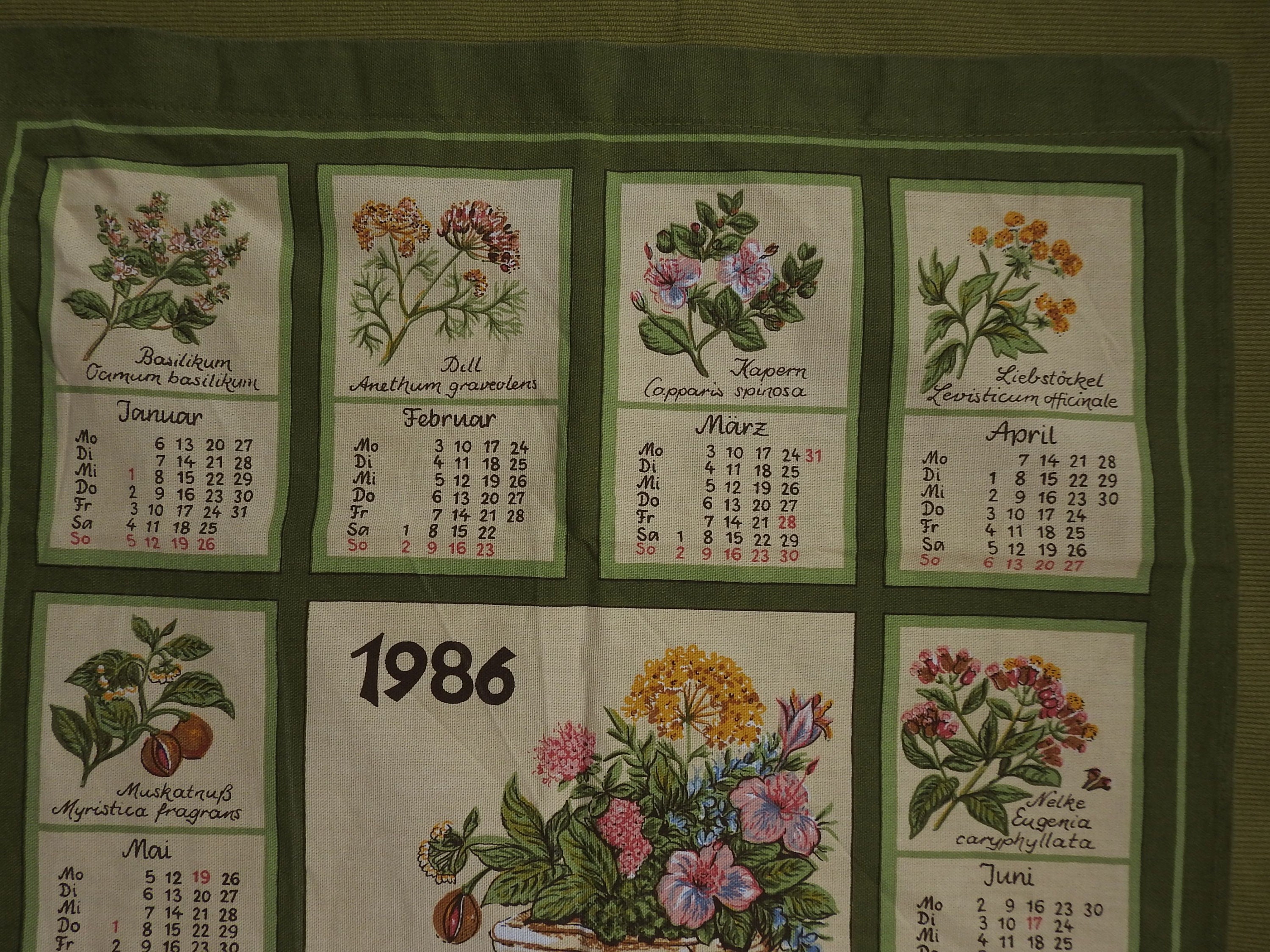 1986 Textile Cloth Wall Calendar Herbs Spices German Vintage ...