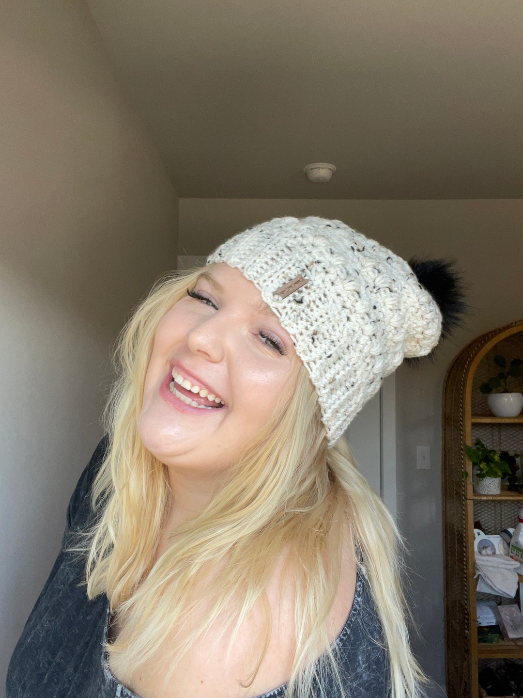 Tweed & Cream Colored Beanie, White Winter Hat With Pom Pom - Etsy
