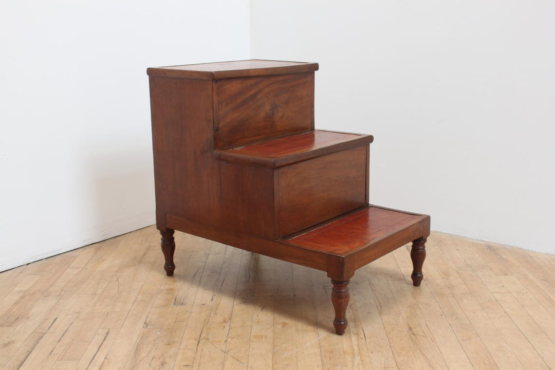 Antique Bed Steps Storage Leather and Mahogany, Regency Era Library ...