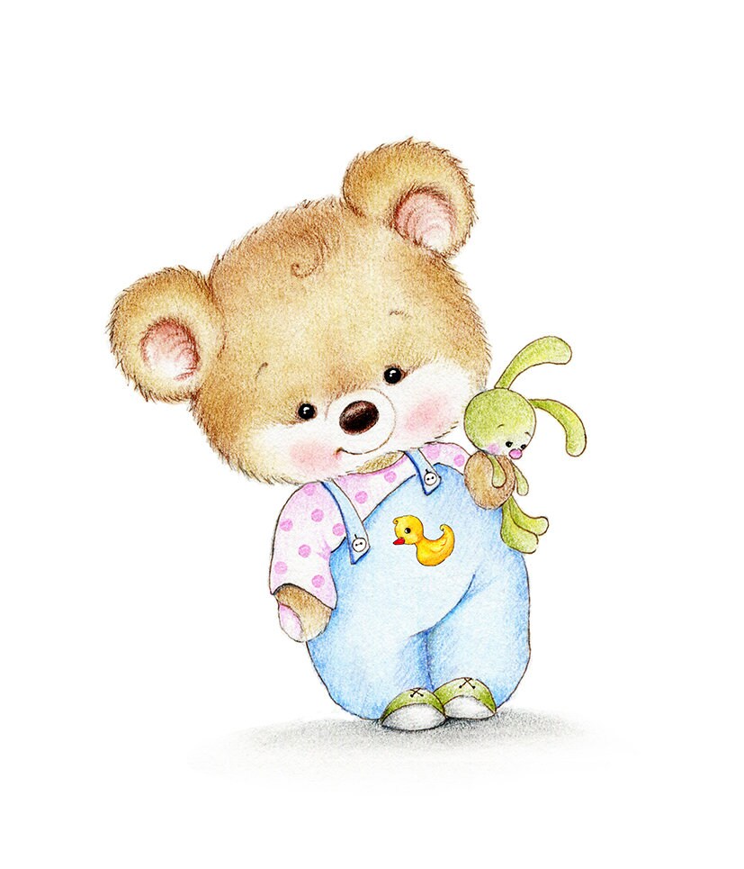 Teddy Bear With Bunny Art Print, Children Wall Decor, Kids Wall Art ...