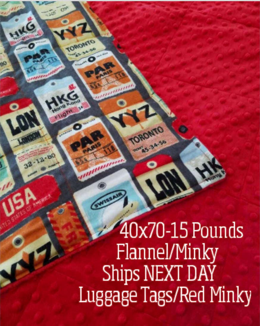 Weighted Blanket, 15 Pound, Luggage Tags, Red Minky, 40x70, READY TO ...