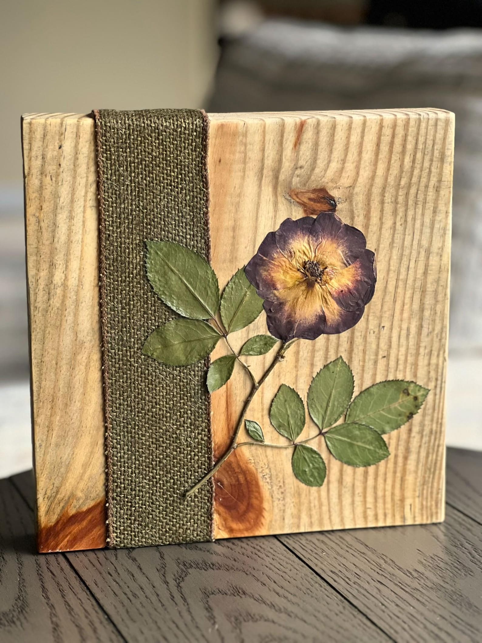 Pressed Flowers on Repurposed Wood: Red Rose With Stem and Leaves ...