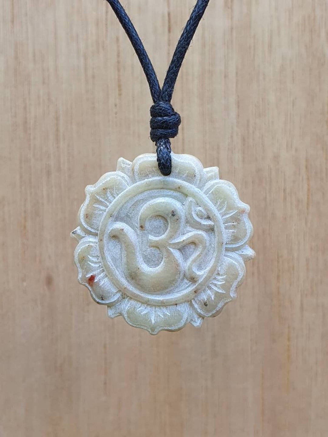Om Pendent | Ohm Lotus Necklace | Hand Carved Natural Stone Double Sided Aum Flower Necklace ...