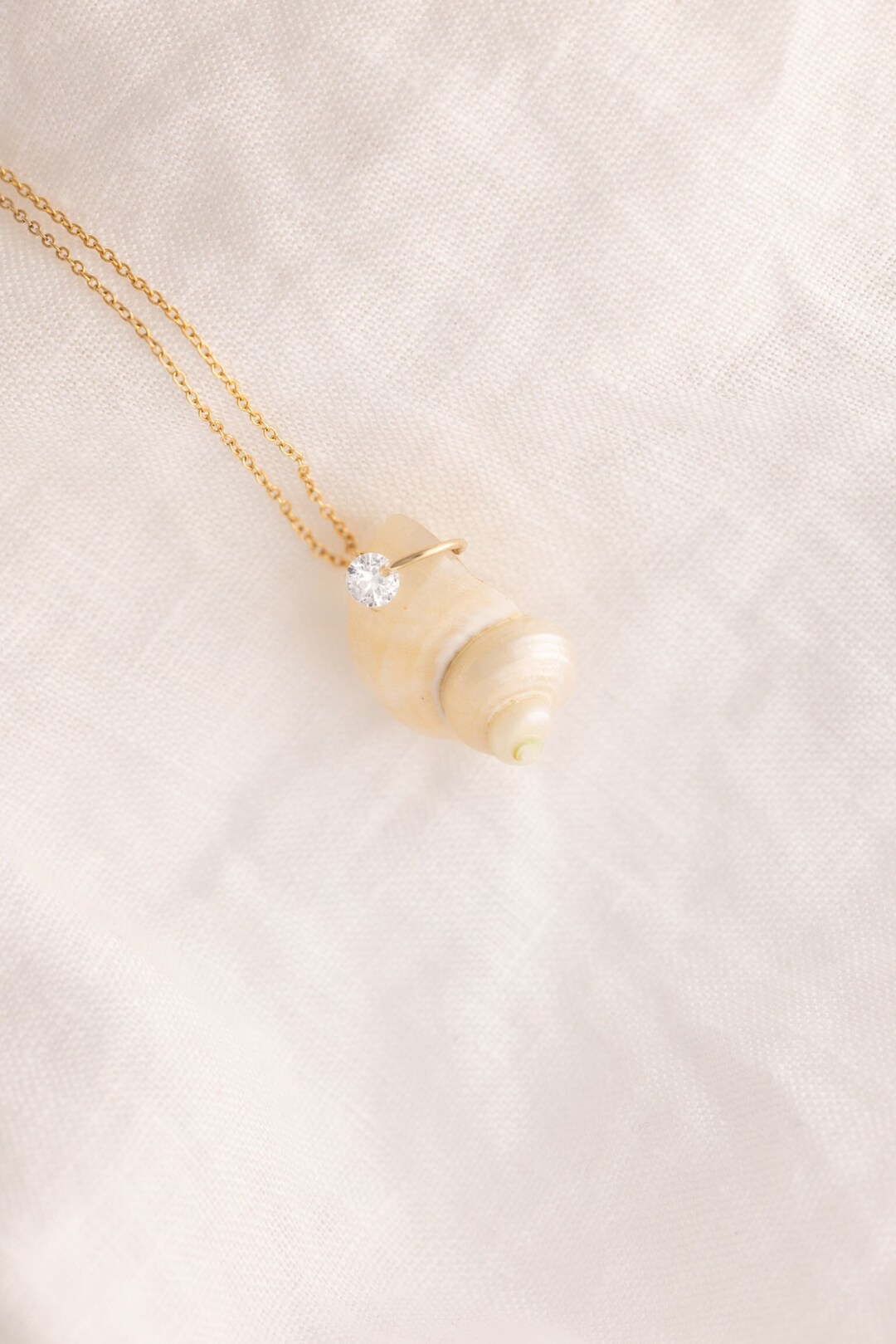 Turbo Shell Necklace: 14K Gold-filled Chain, Crystal Charm, Pearl Clasp ...