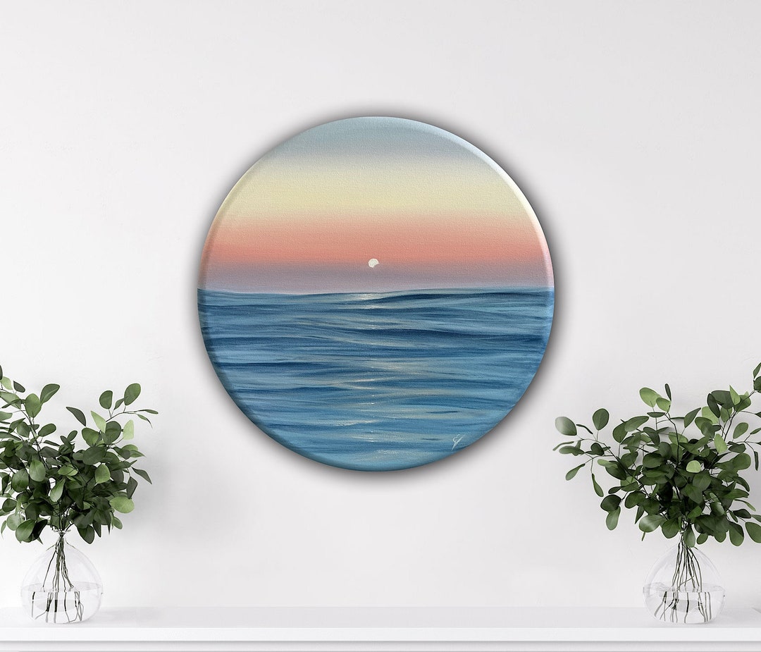 First Light Original Painting of Ocean Sunrise, Oil on Round 24 Canvas ...