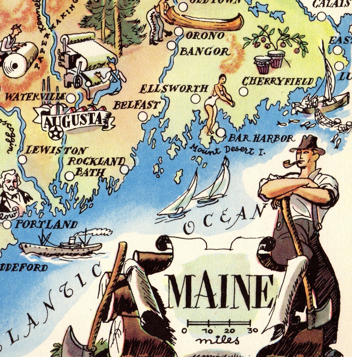 1940's Animated MAINE Map State Map of Maine Print Cartoon | Etsy