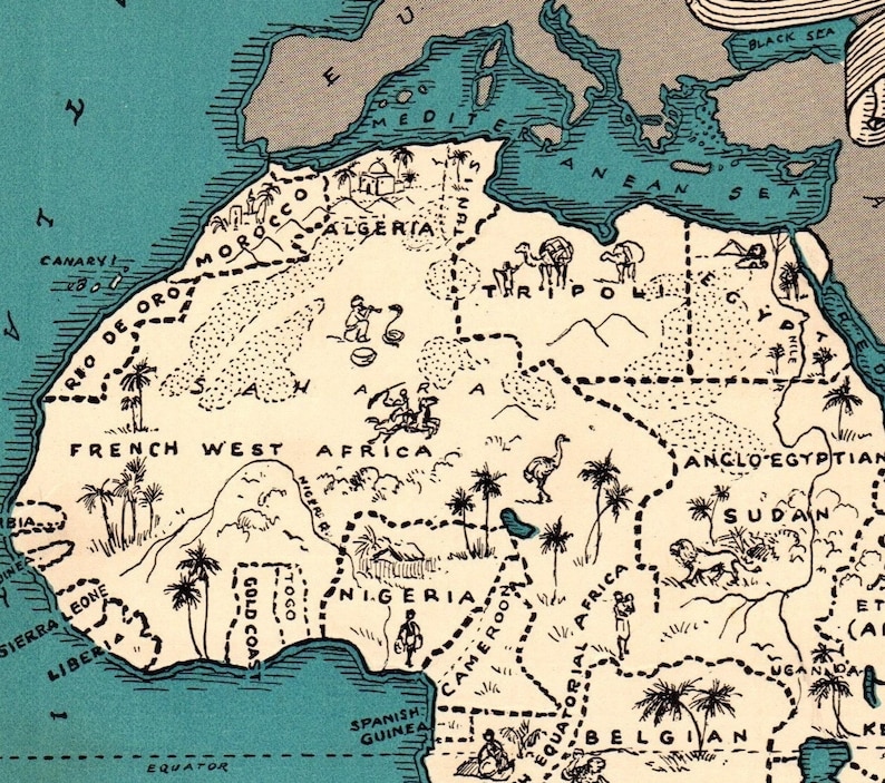 1930's Animated AFRICA Map RARE Map of Africa Print Wall | Etsy