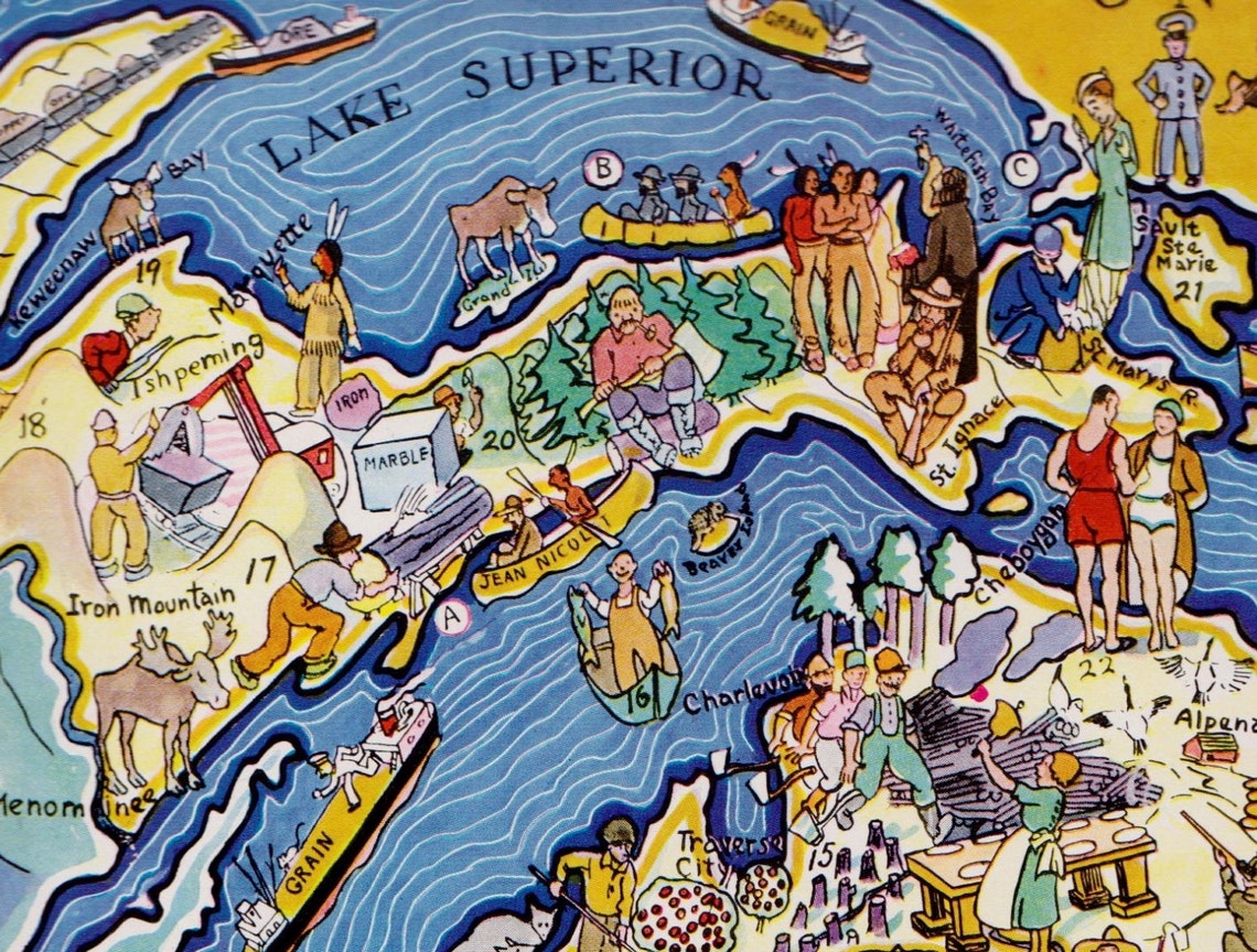 1930's MICHIGAN Picture Map Print Cartoon Map of Michigan - Etsy