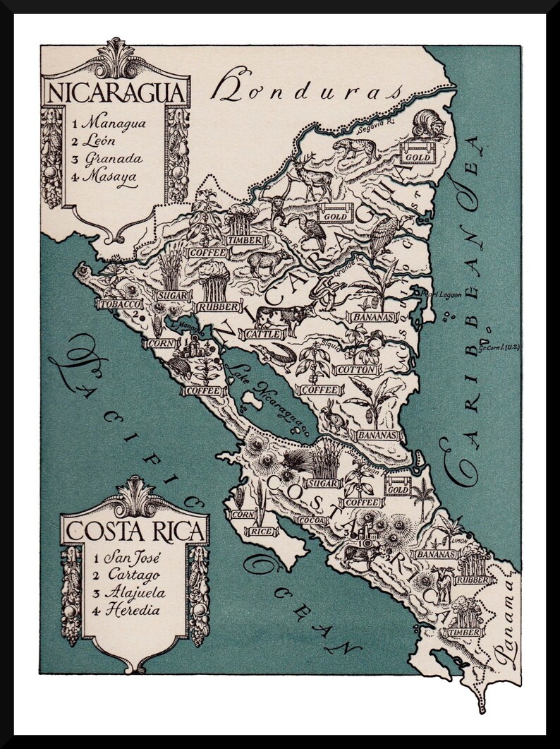 1940s COSTA RICA Map Print Gallery Wall Art of Costa Rica - Etsy