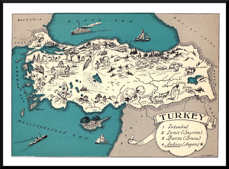 1930's Animated TURKEY Map RARE Map of Turkey Print Wall | Etsy
