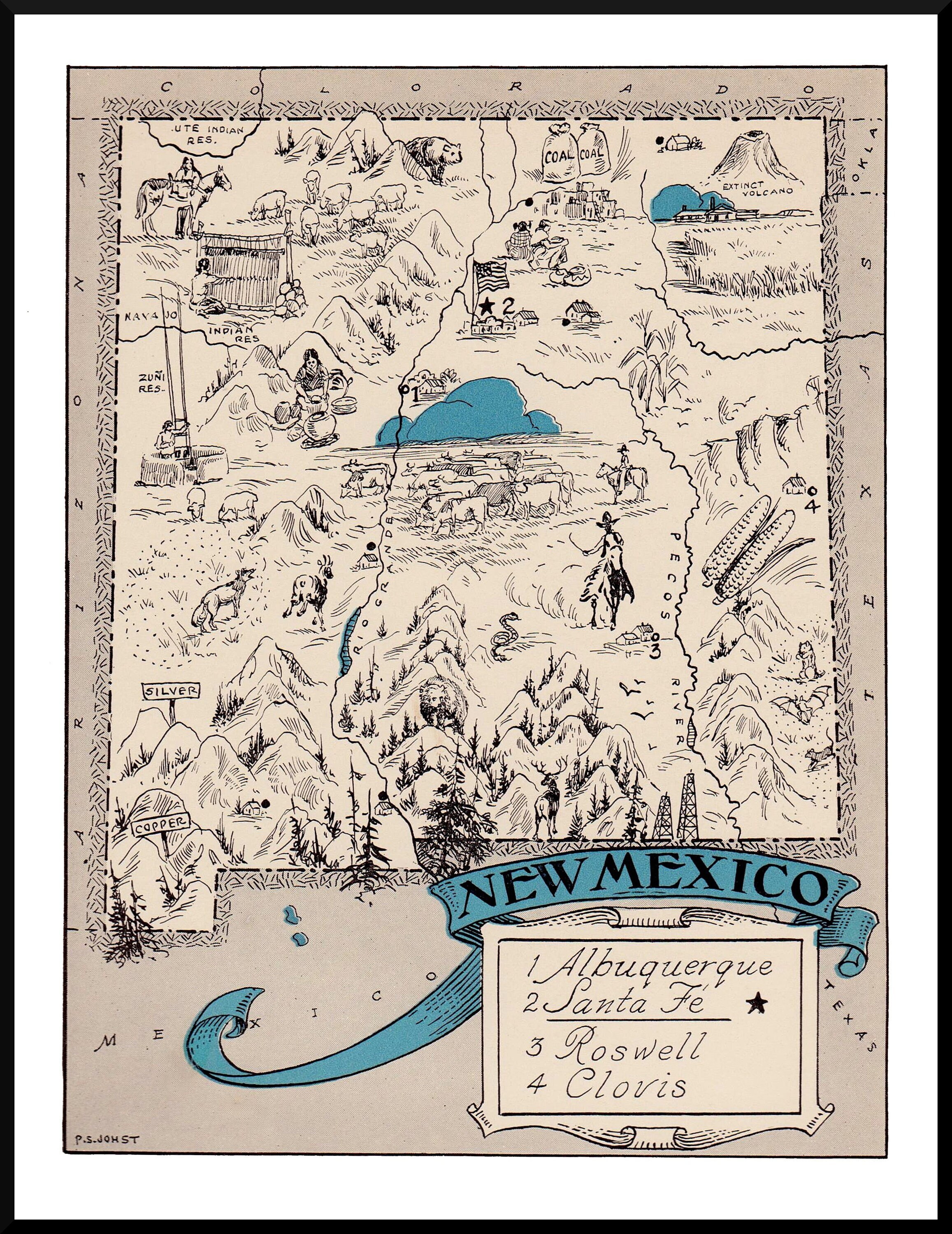 1930s NEW MEXICO State Picture Map Print Animated Cartoon Map - Etsy
