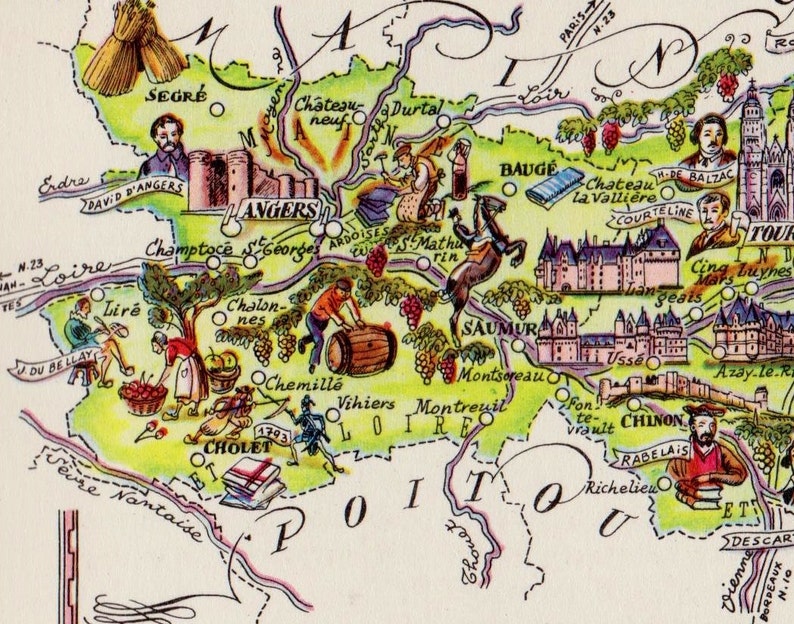 Loire Valley FRANCE Map Reprint of LOIRE VALLEY Region France | Etsy