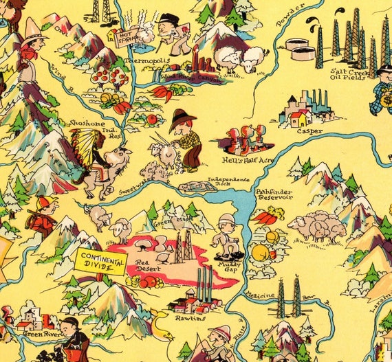 Globes & Maps Home & Living 1950s Antique WYOMING State Map Picture ...