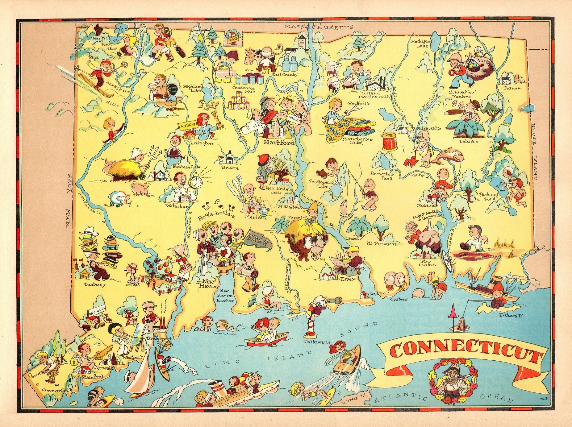 1930's Vintage Connecticut Picture Map State Cartoon Map | Etsy