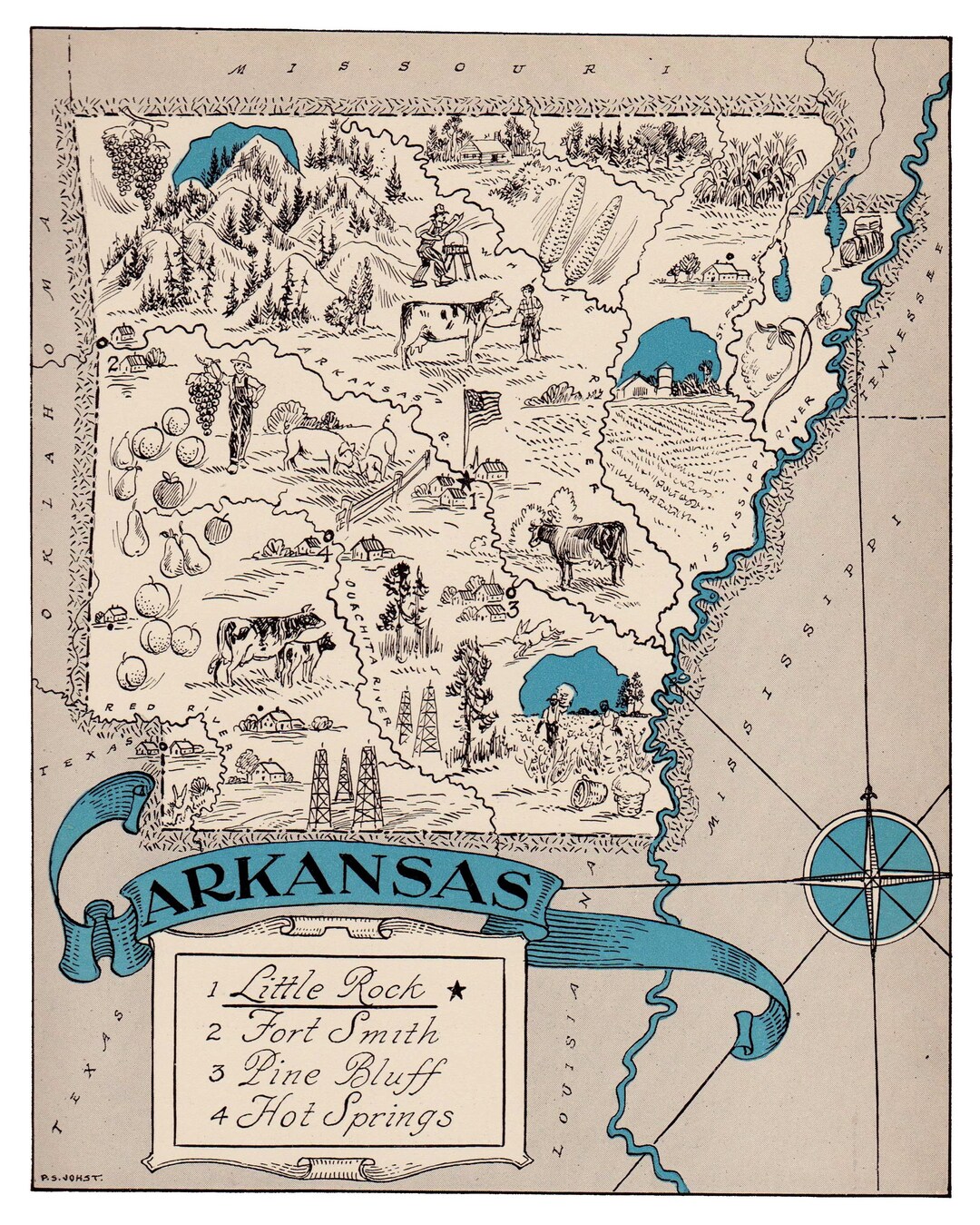 1930's ARKANSAS Picture Map Wall Art Decor Print of Arkansas State Map ...