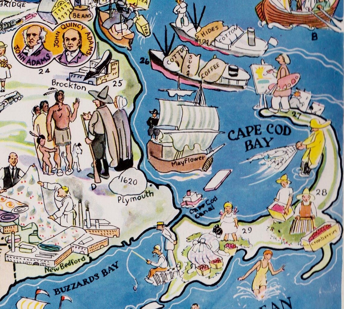 1930's Animated MASSACHUSETTS State Map Cartoon Picture | Etsy