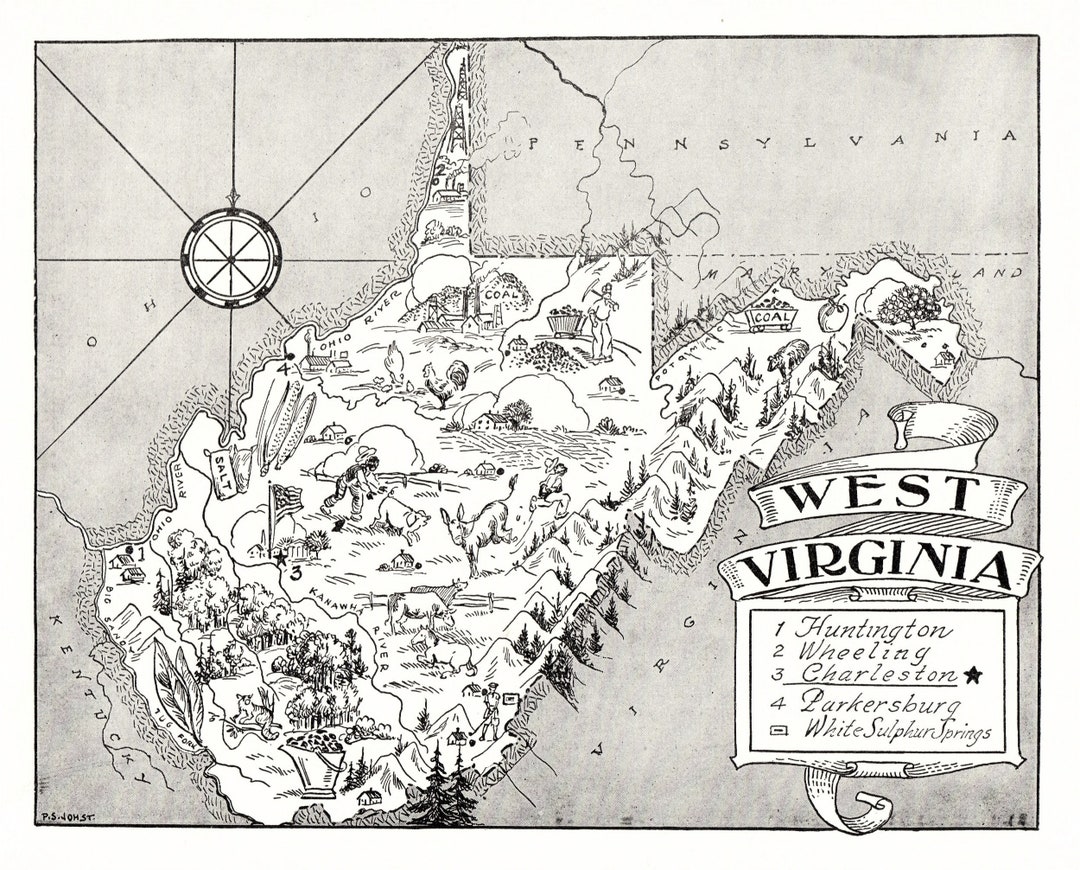 1950's WEST VIRGINIA State Picture Map Print Animated Map Black and ...