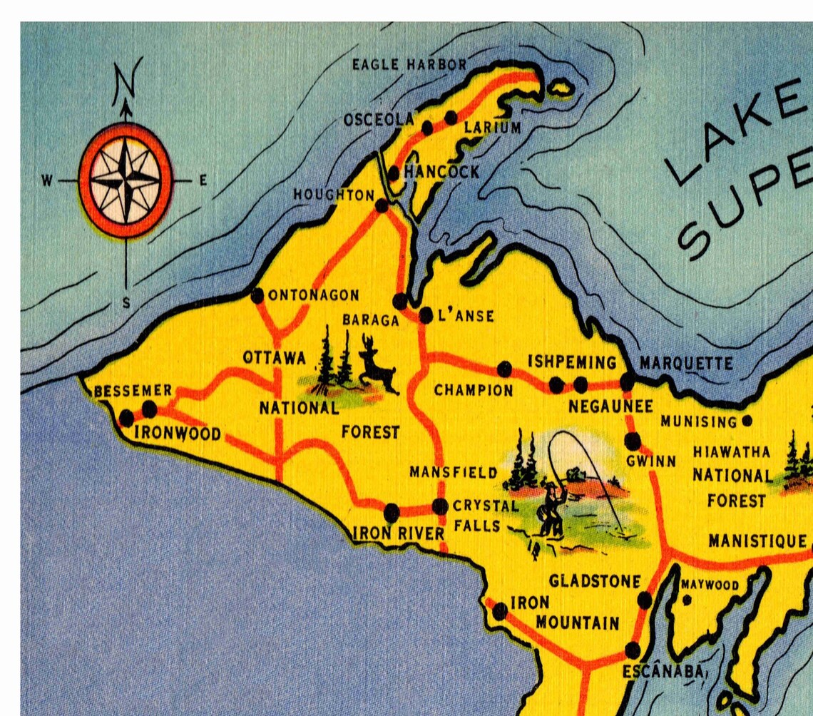 UPPER PENINSULA MICHIGAN Picture Map Print Northern Peninsula - Etsy