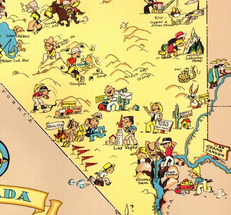 1930's Vintage Nevada State Picture Map Cartoon Map Print | Etsy