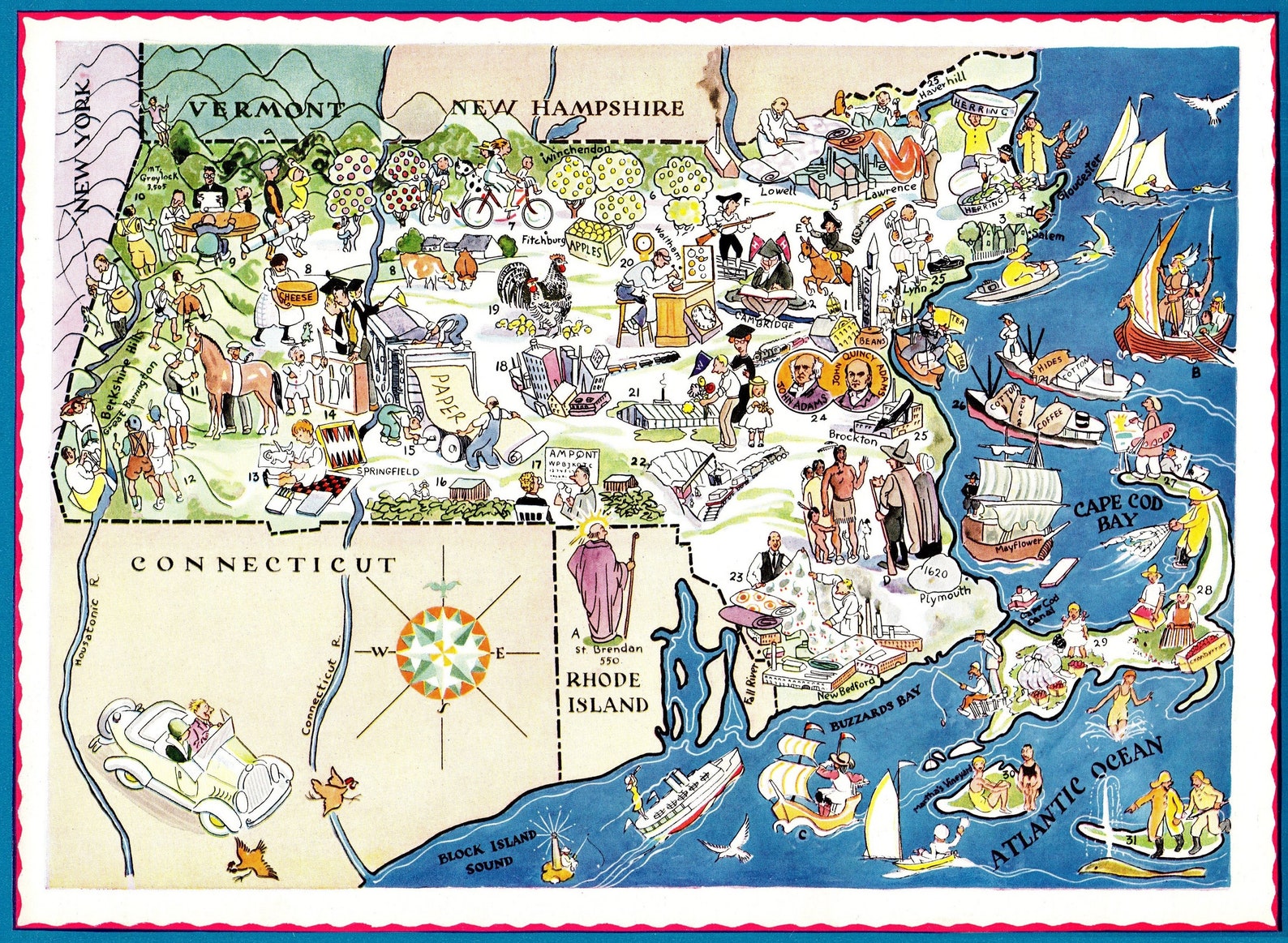 1930's Animated MASSACHUSETTS State Map Cartoon Picture | Etsy