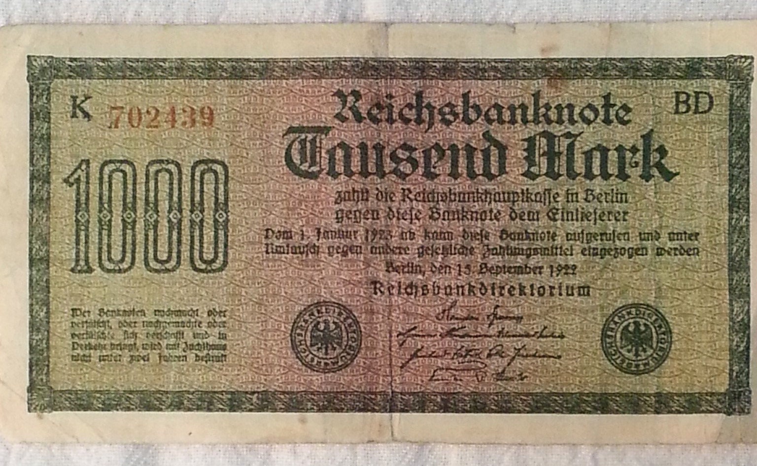 Vintage, WWI, Reichsbank Note, Hundert 100 Mark 1920 and Tausend 1000 ...