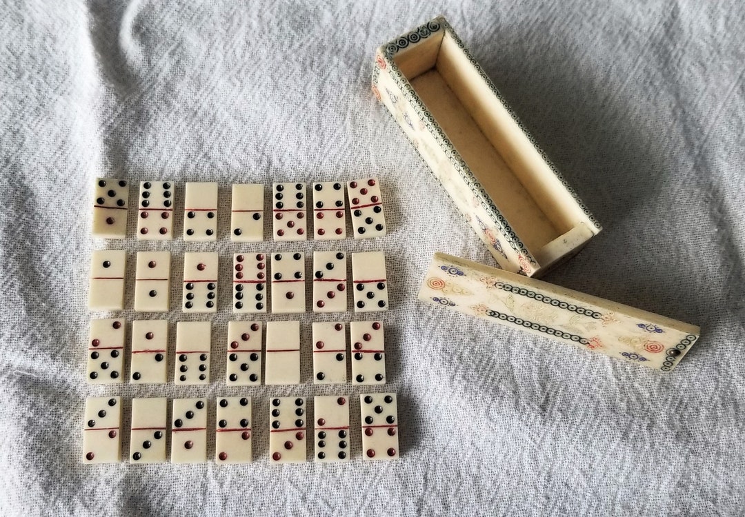 Antique Set of Miniature Dominoes, With Storage Box, Handmade, Bone, 28 ...