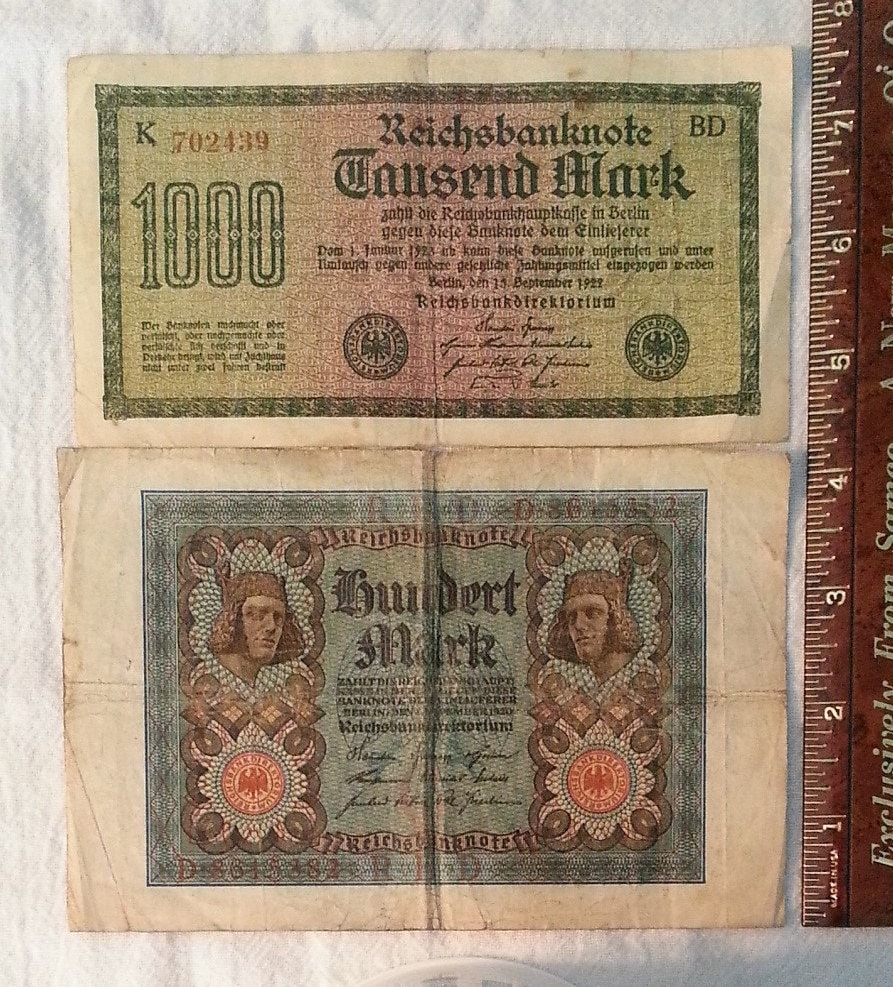 Vintage, WWI, Reichsbank Note, Hundert 100 Mark 1920 and Tausend 1000 ...