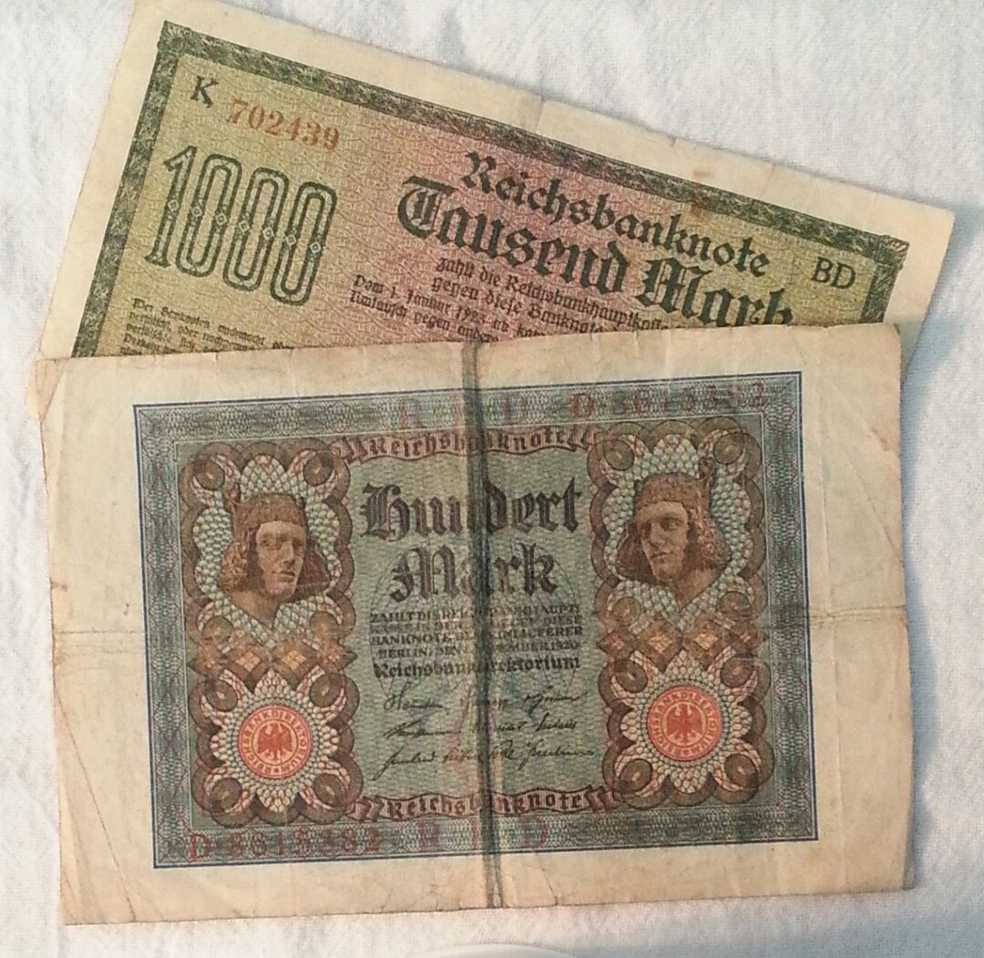 Vintage, WWI, Reichsbank Note, Hundert 100 Mark 1920 and Tausend 1000 ...