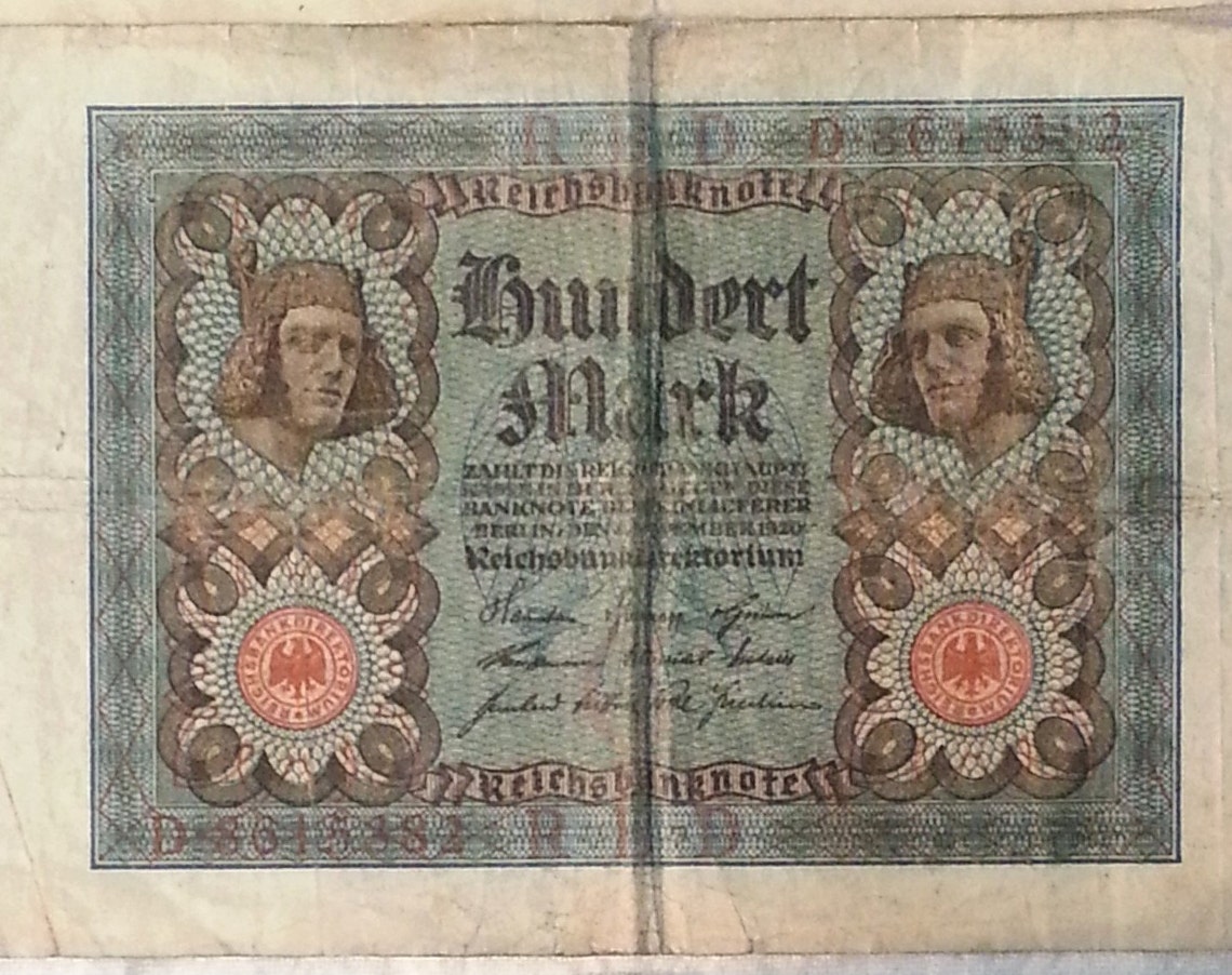 Vintage, WWI, Reichsbank Note, Hundert 100 Mark 1920 and Tausend 1000 ...