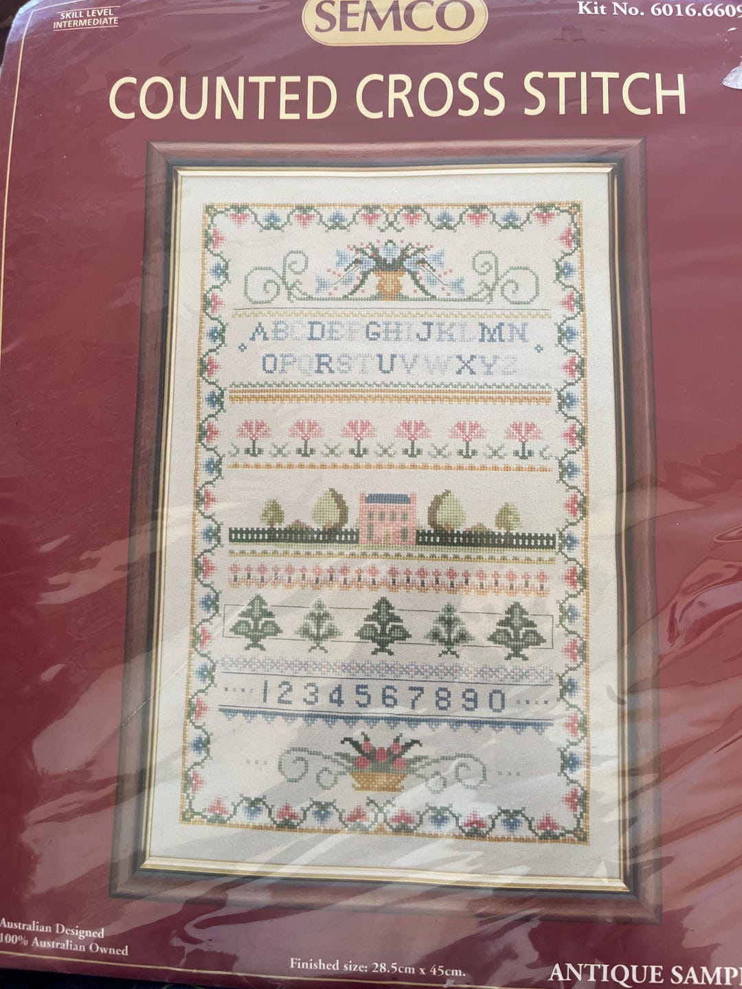 Antique Sampler Counted Cross Stitch on Linen Kit, Semco Kit 6016.6609 ...