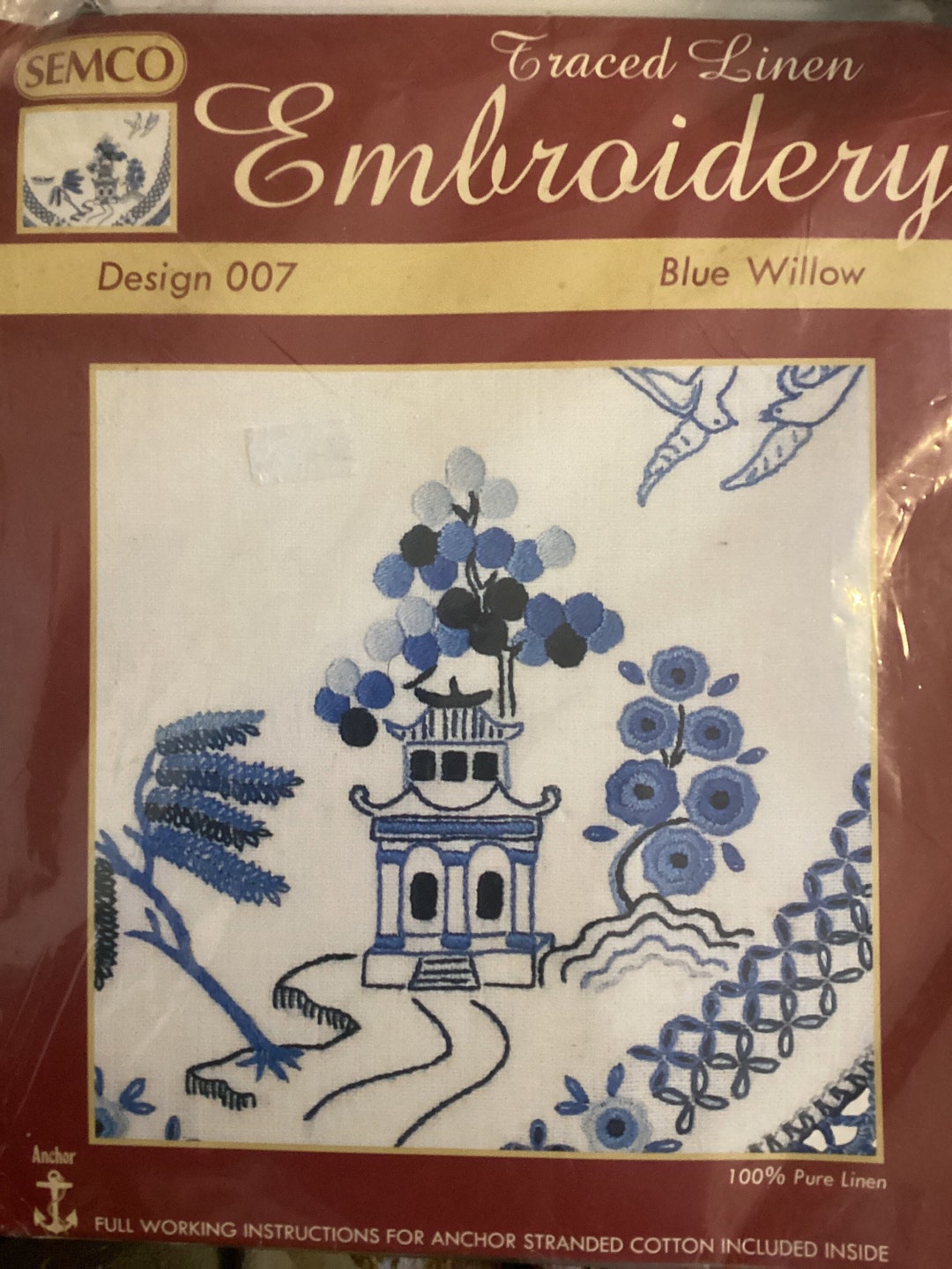 Blue Willow Stamped Embroidery Linen 2 Piece Doily Set Semco Design 007 ...