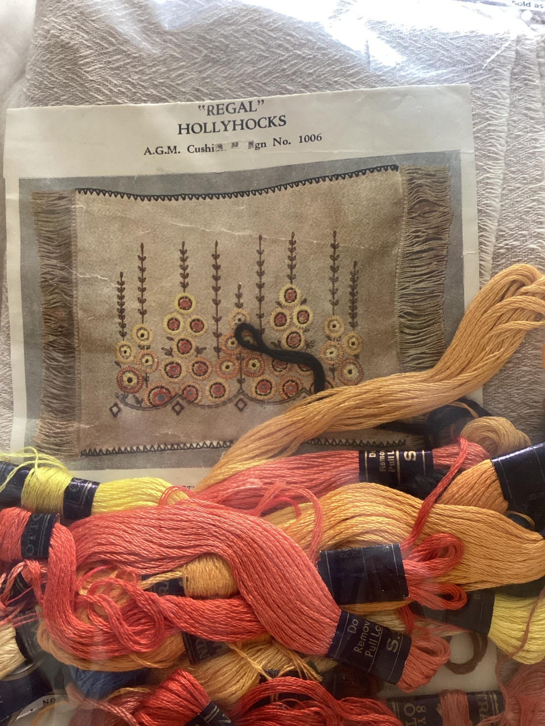 1940s Cushion Fabric and Threads for Embroidery,regal Hollyhocks ...