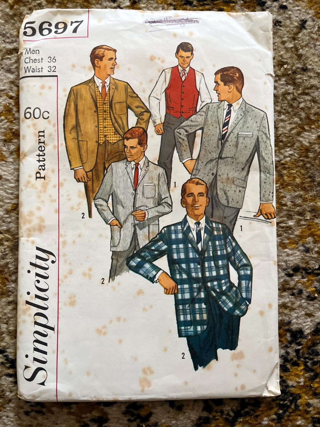 1960's Simplicity Sewing Pattern 5697 Mens Jacket and Vest Chest 36 ...
