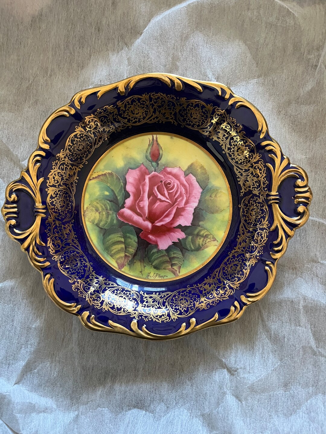 Paragon Hand Painted Pink Rose by HS Plant , Cobalt Blue and Gold ...