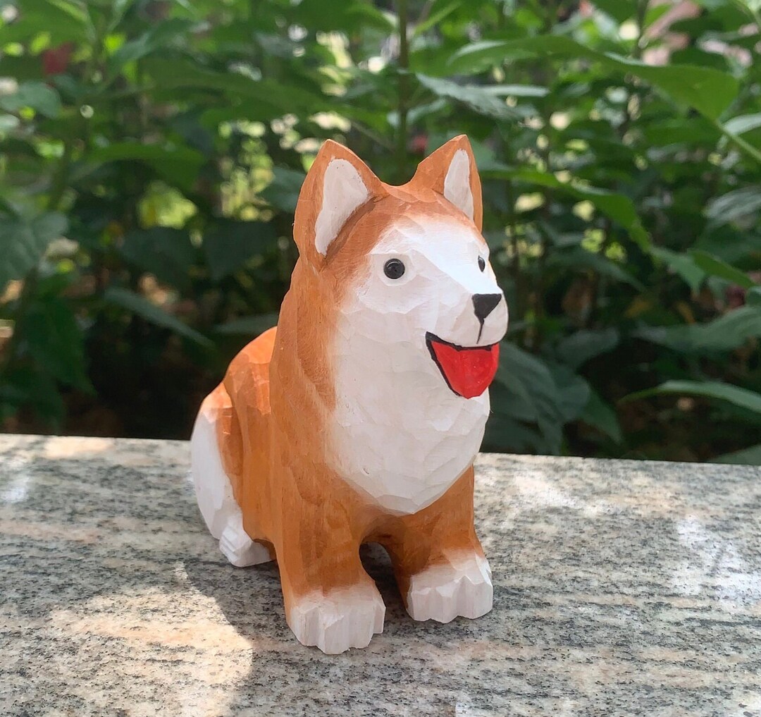 Wooden Corgi Dog Sculpture,adorable Dog Statue,wooden Dog Ornament,hand ...
