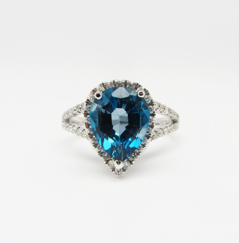 14K White Gold London Blue Pear Shape Topaz & Diamond Ring - Etsy