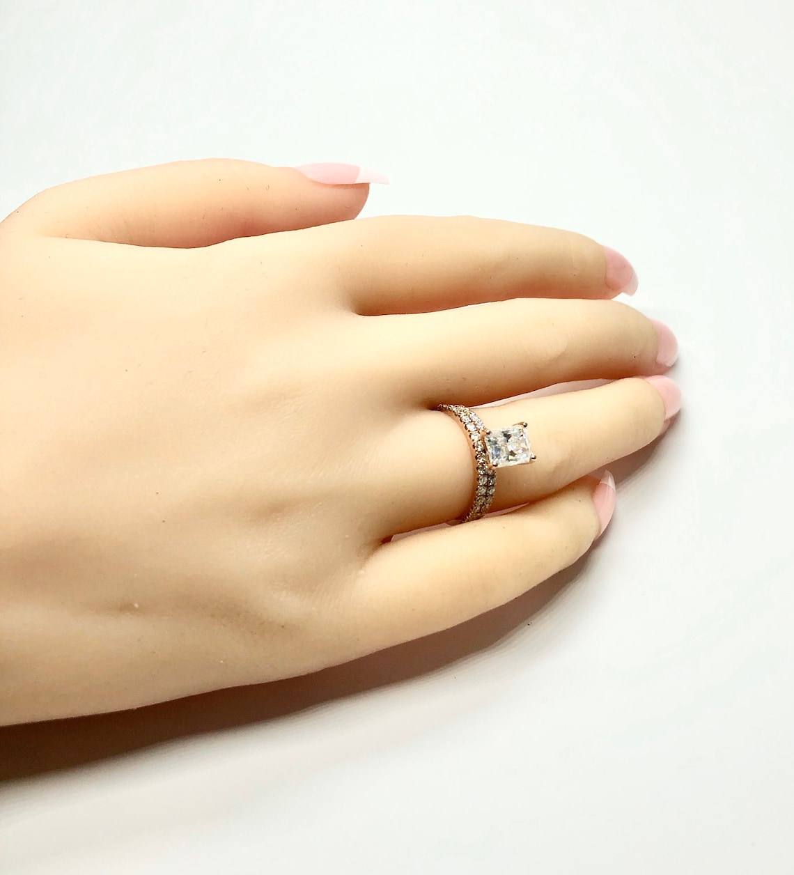 14K Rose Gold Diamond & Monzonite Engagement Ring Set | Etsy