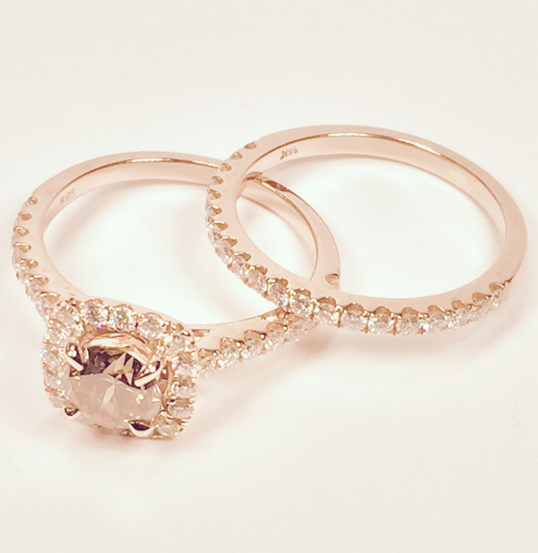 14K Rose Gold Diamond Engagement Ring Set With Champagne Center Diamond ...