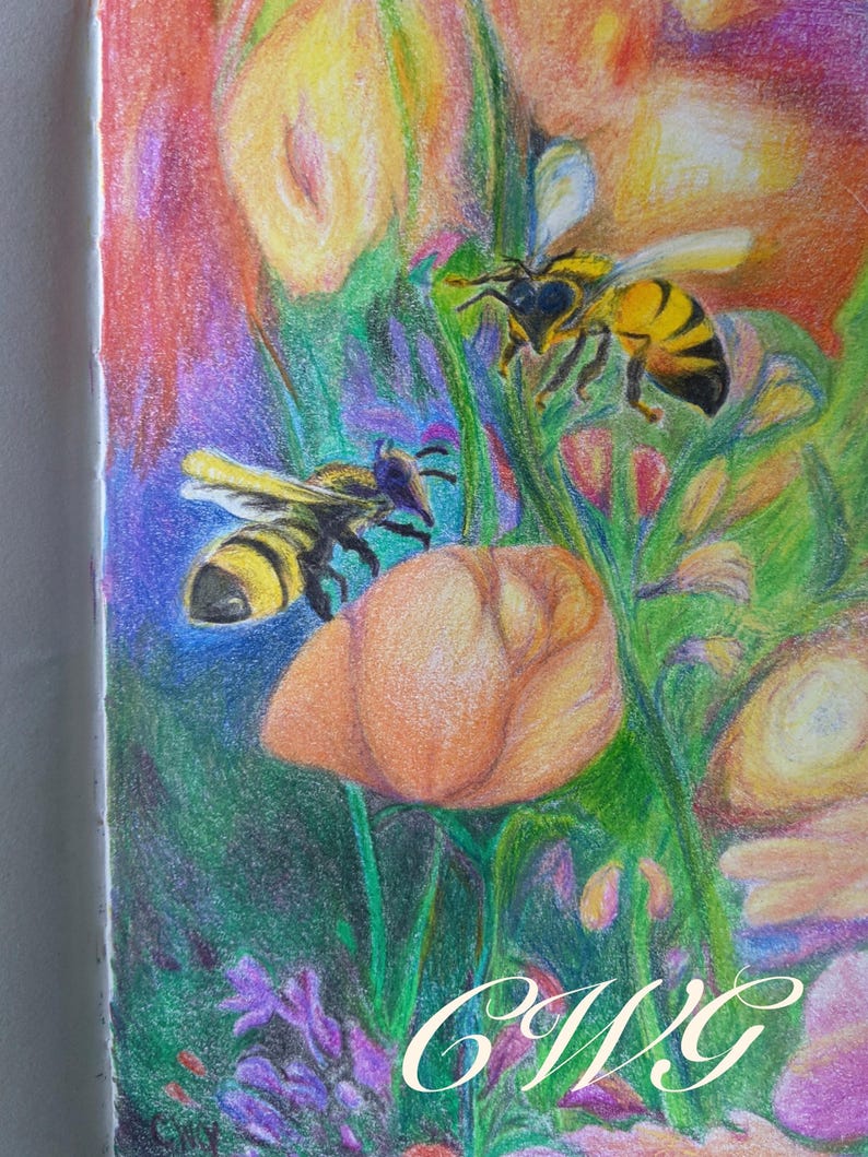 Busy Bee Colorful Pencil Drawing Closeup of Bees and Flowers Original ...