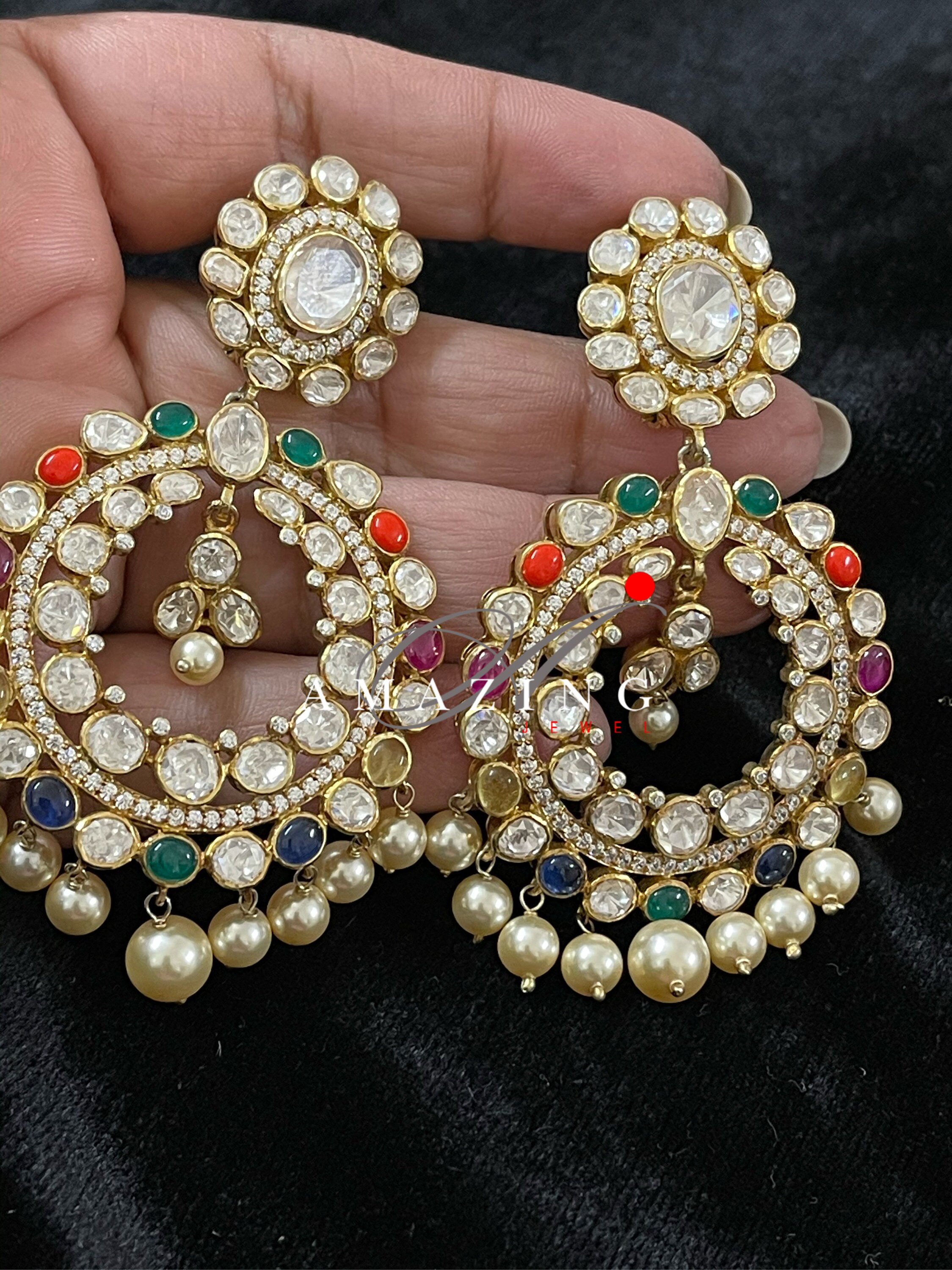 Silver Moissanite Polki With Fresh Water Sea Pearls & Navratna Stones ...
