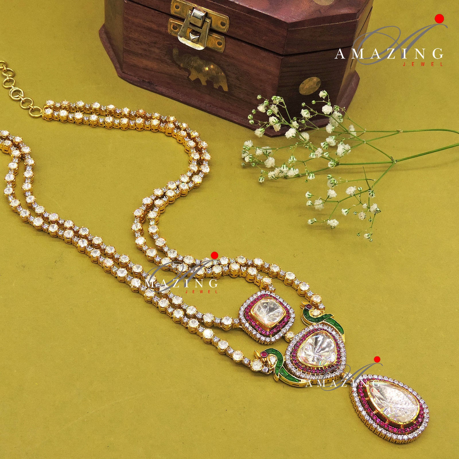 Silver Polki Traditional Necklace, Parrot Design Polki Necklace ...