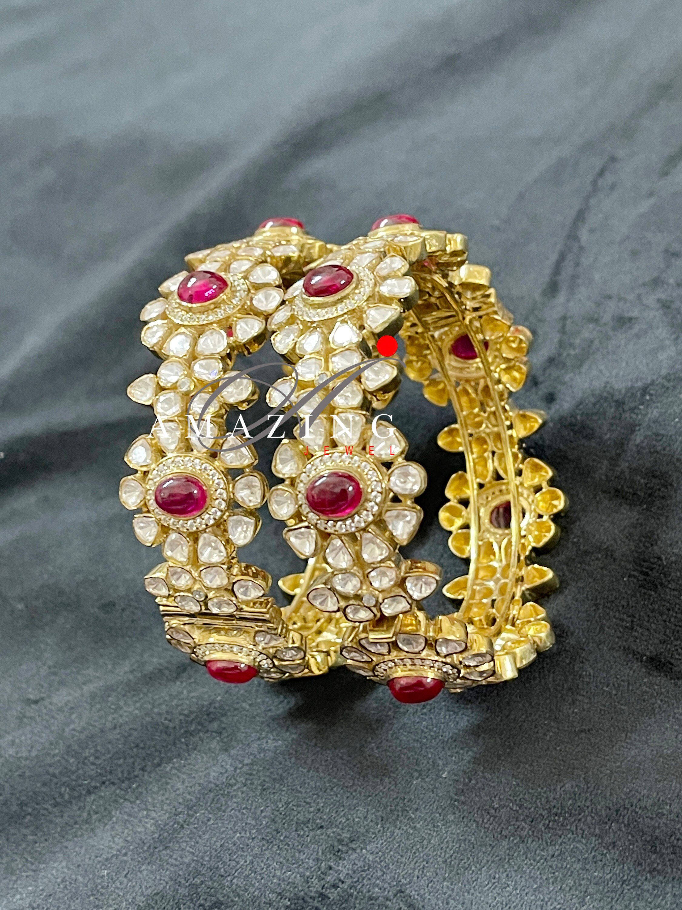 Silver Moissanite Polki Hydro Ruby Bangle,925 Silver Bangle, Bridal Polki Bangle,indian ...