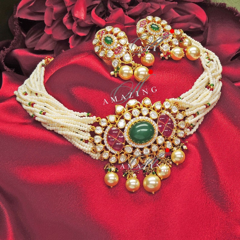 Silver Moissanite Polki Choker, Polki Necklace Set, Traditional Wedding ...