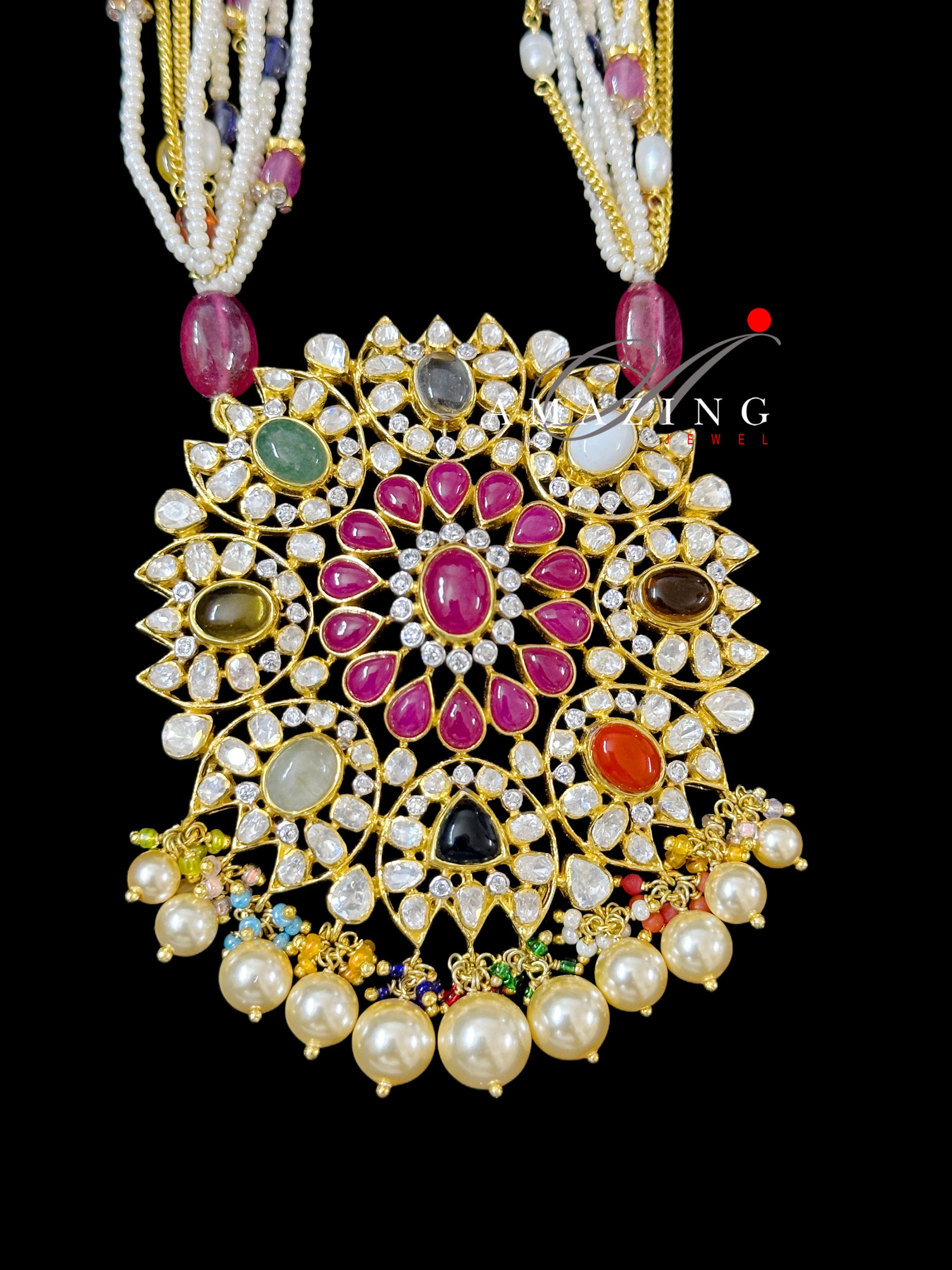 Silver Semi Precious Navratna Stones Pendant, Wedding Jewellery ...