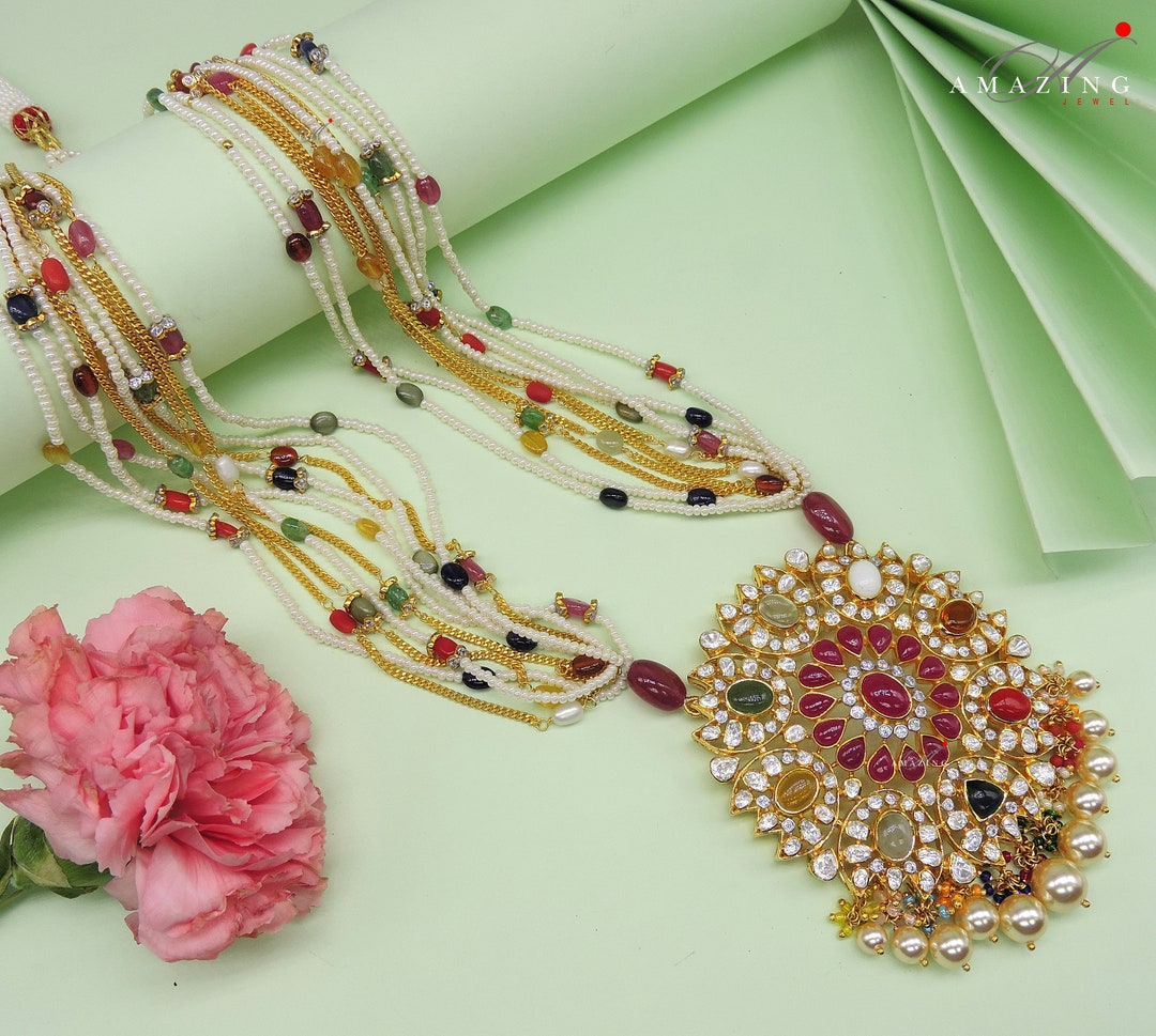 Silver Semi Precious Navratna Stones Pendant, Wedding Jewellery ...