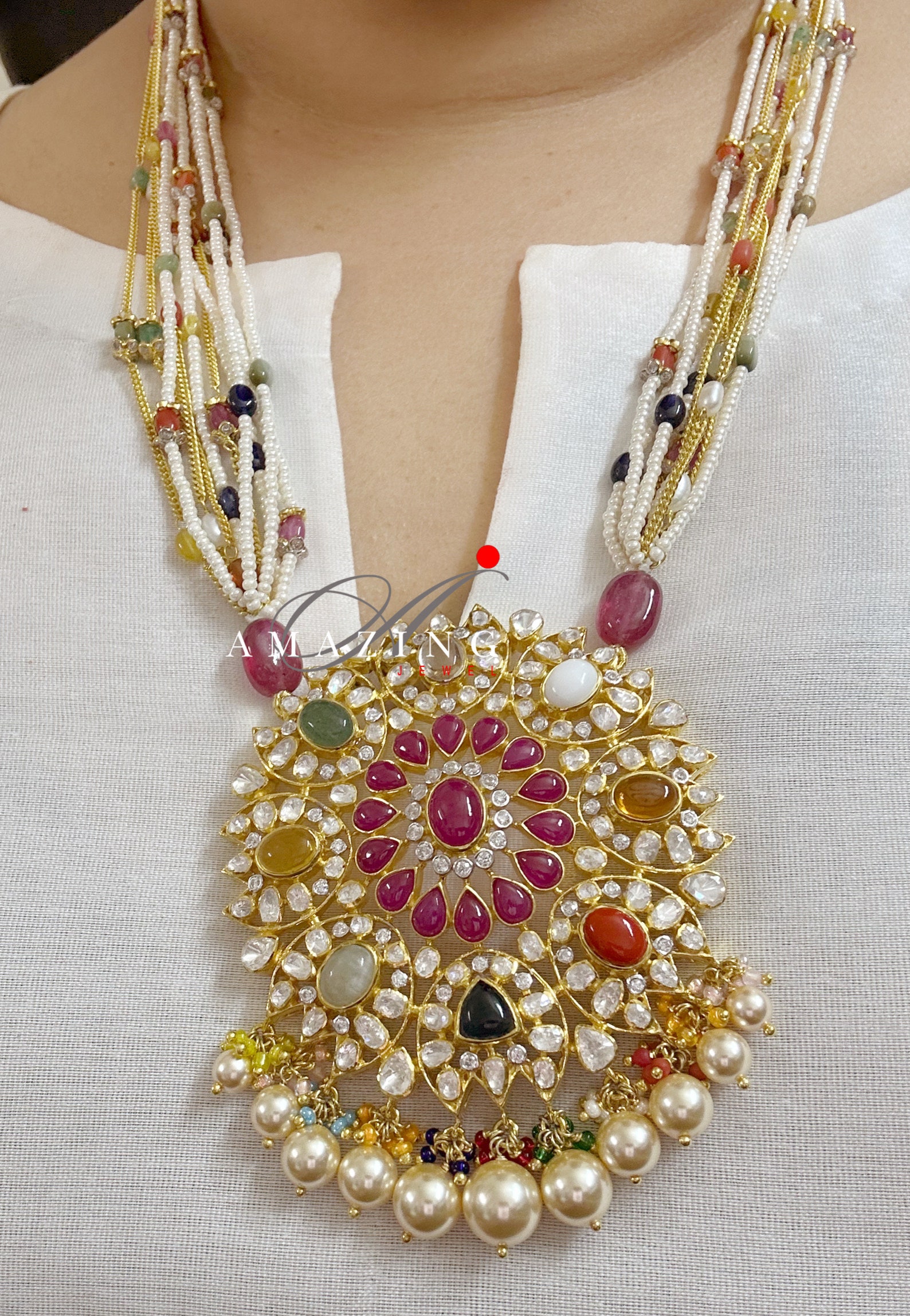 Silver Semi Precious Navratna Stones Pendant, Wedding Jewellery ...