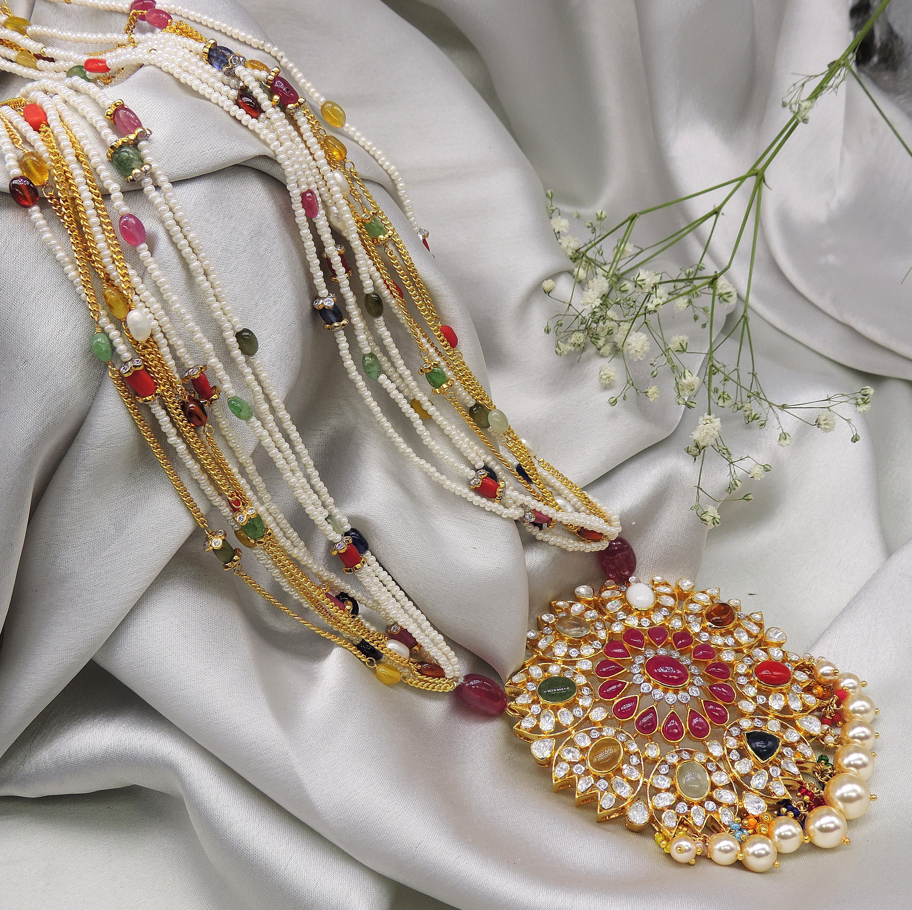 Silver Semi Precious Navratna Stones Pendant, Wedding Jewellery ...