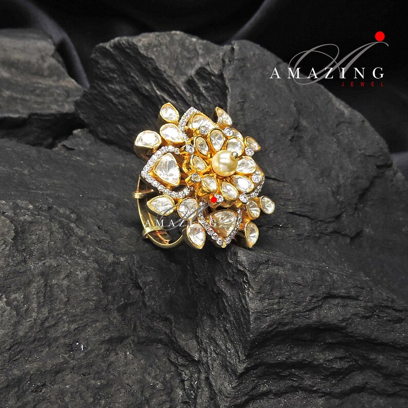 Silver Moissanite Polki Ring, Ring, Polki Ring, Moissanite Pearl Polki ...